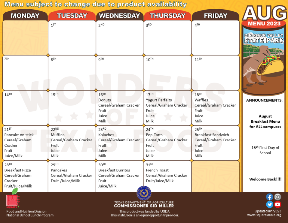 August Breakfast & Lunch Menus | Cumberland Academy Elementary