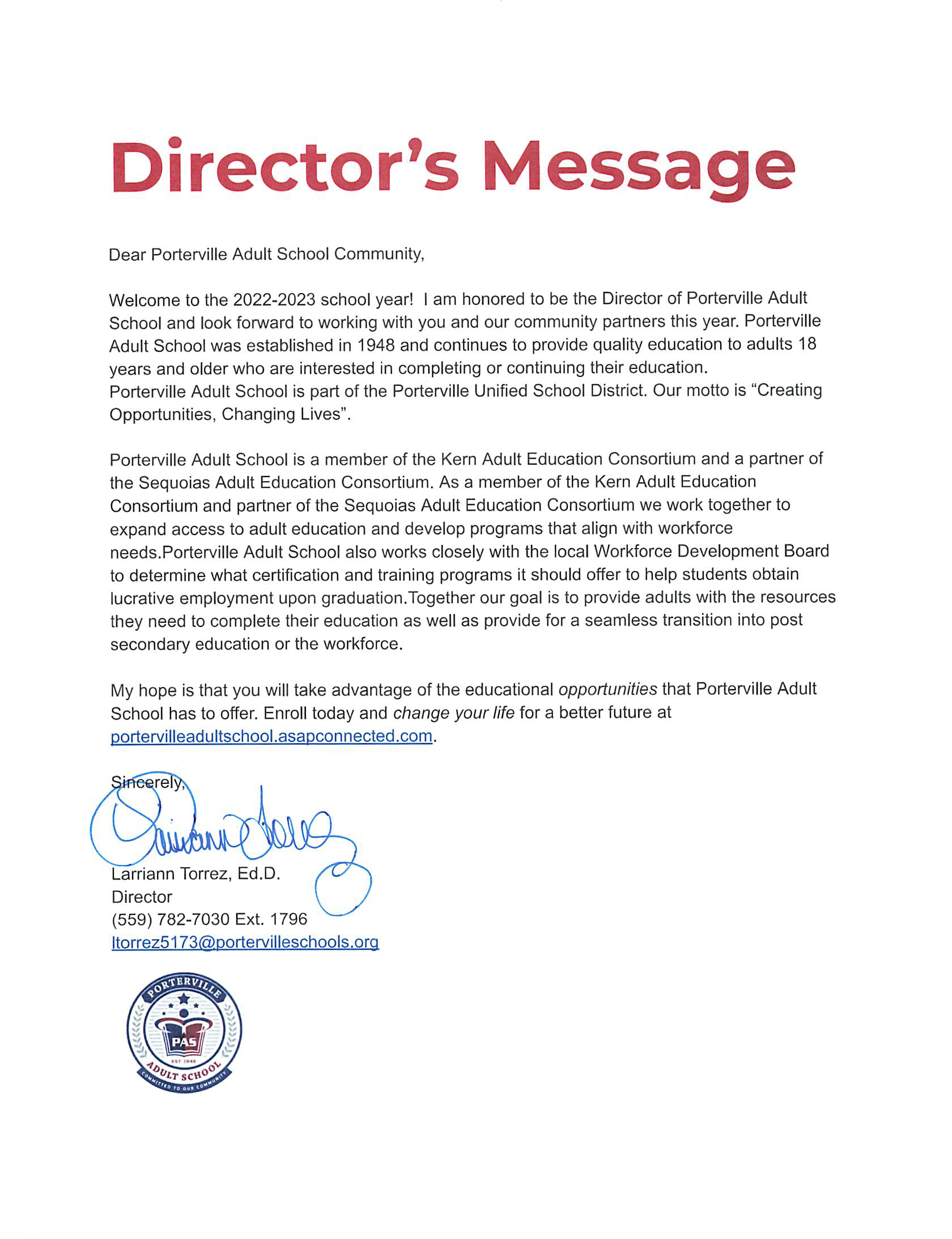 Director's Message – About PAS – Porterville Adult School