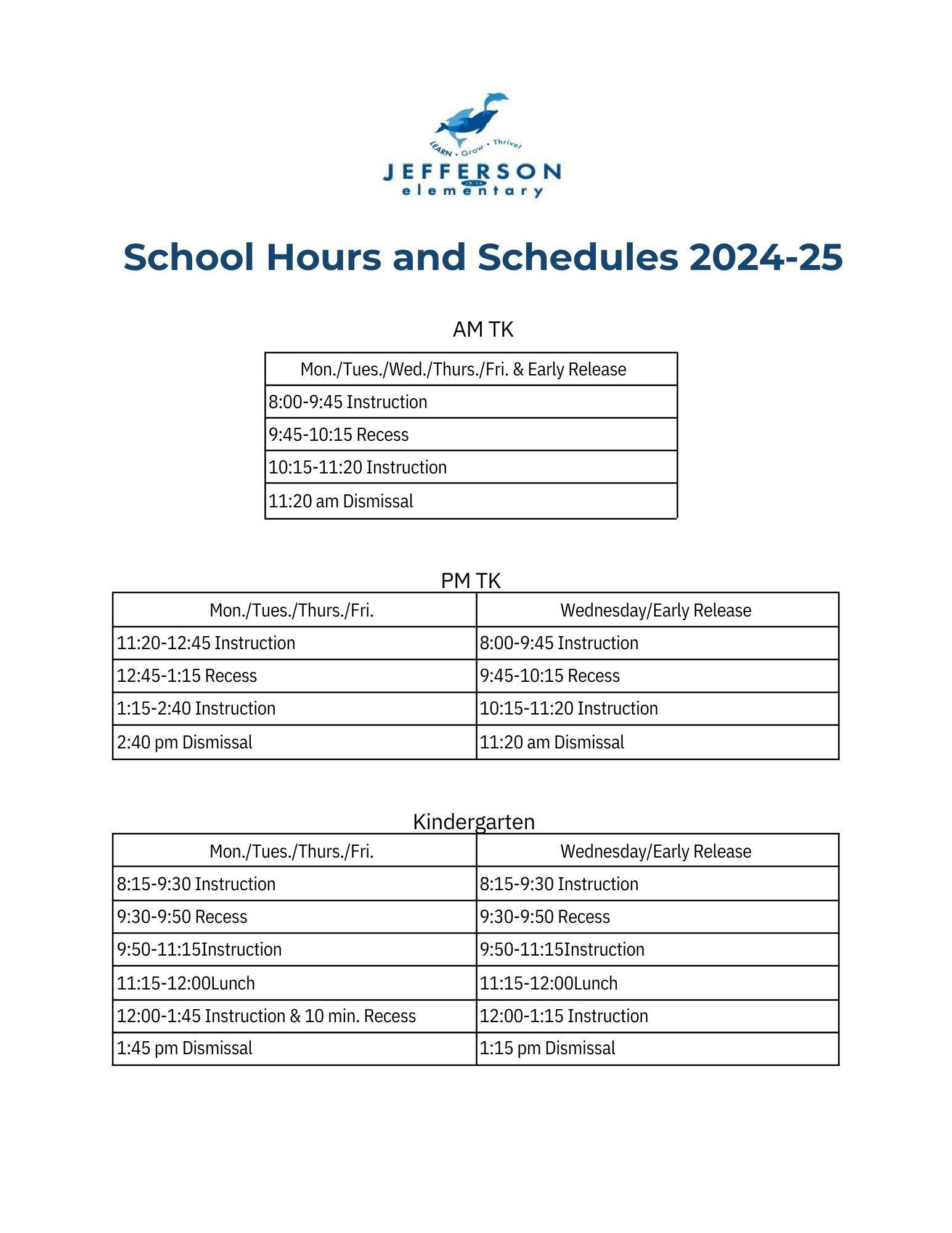 School Hours and Schedules – Our School – Jefferson Elementary