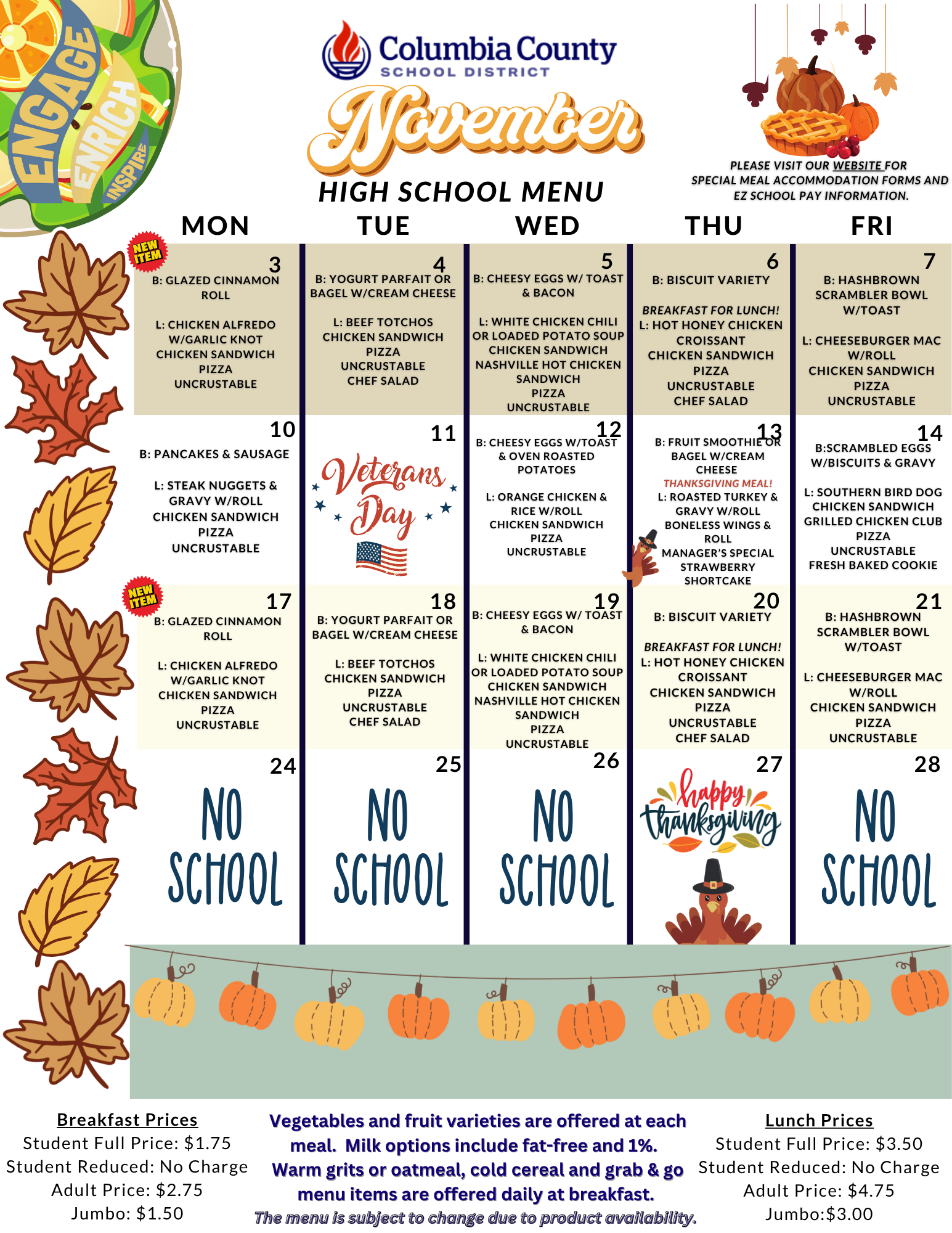 Menus – School Nutrition – Columbia County Schools