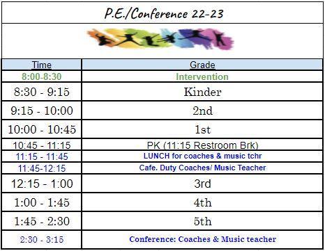 PE Schedule/ Teacher Conference / Lunch Times – Parents – Travis Elementary