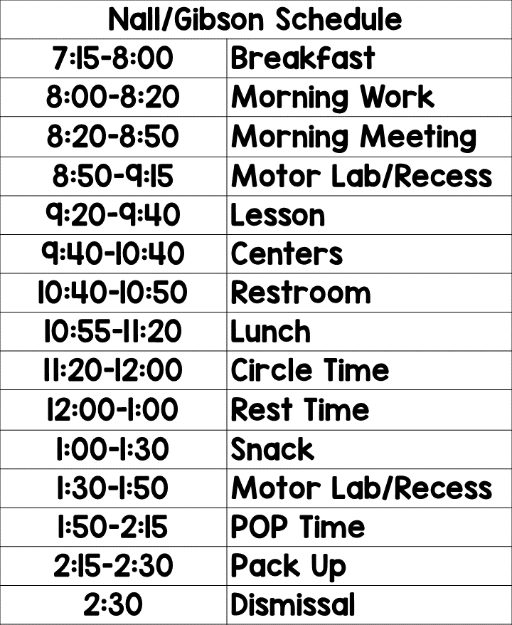 Daily Schedule – Melissa Nall – Early Childhood Center