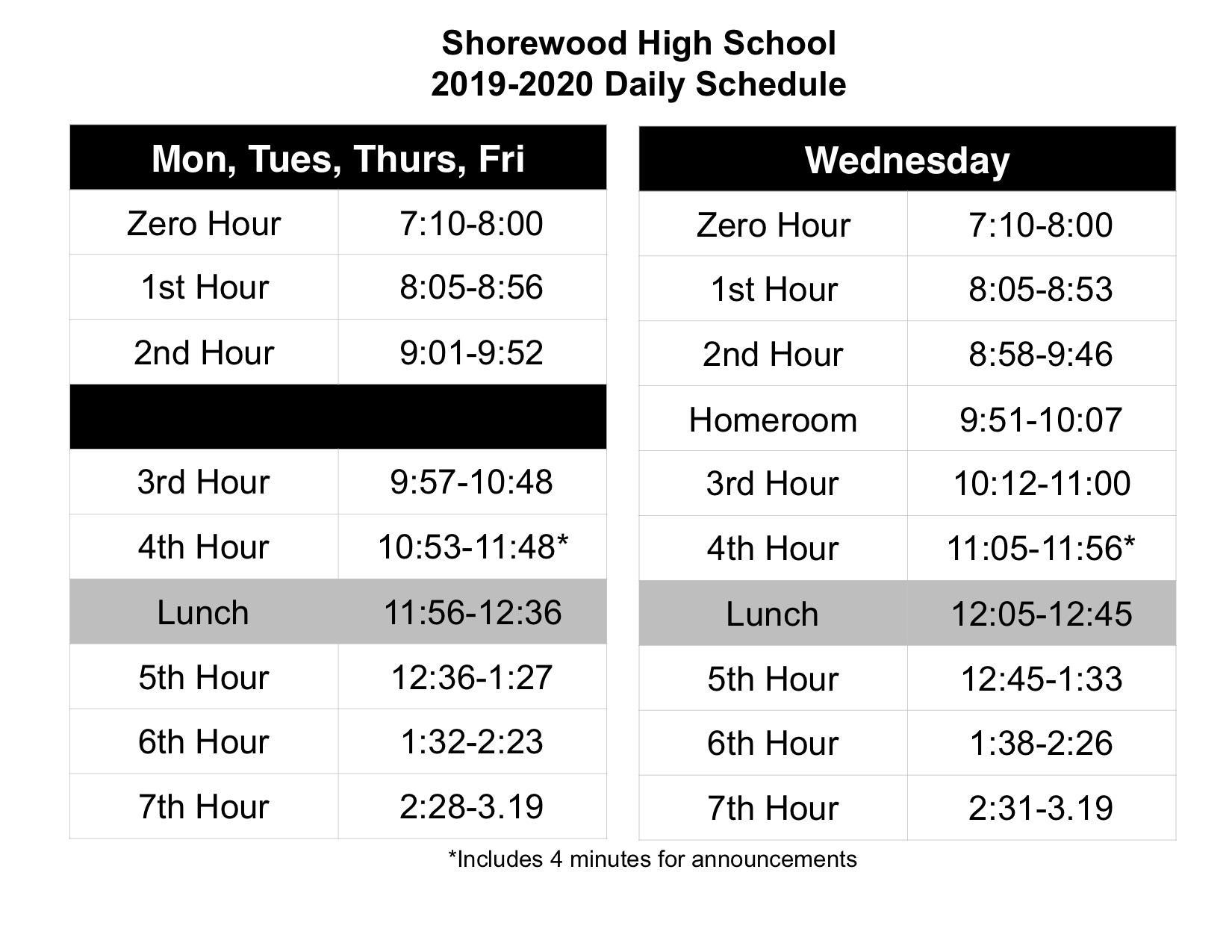 Bell Schedules Shorewood High School Shorewood School District Bell Schedules Shorewood High School Shorewood School District