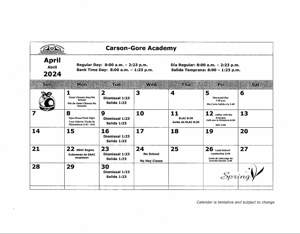 Calendar's/Schedule – Our School – Carson-Gore Academy of Environmental ...