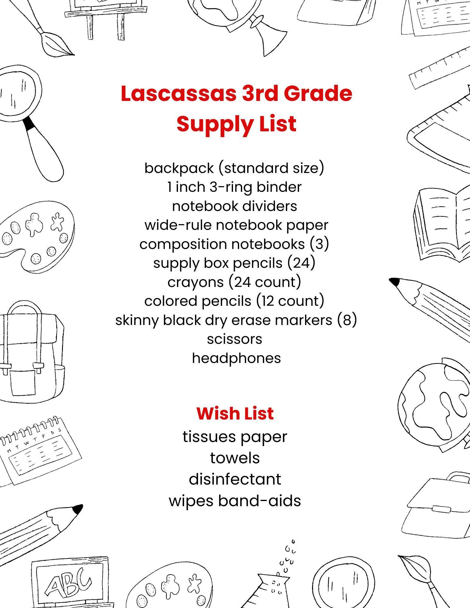 School Supply List – Ms. Samantha Gaither – Lascassas Elementary School