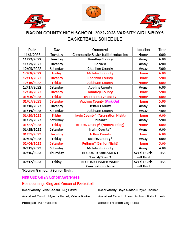 BCHS Varsity Girls/Boys Basketball – Basketball – Bacon County School ...