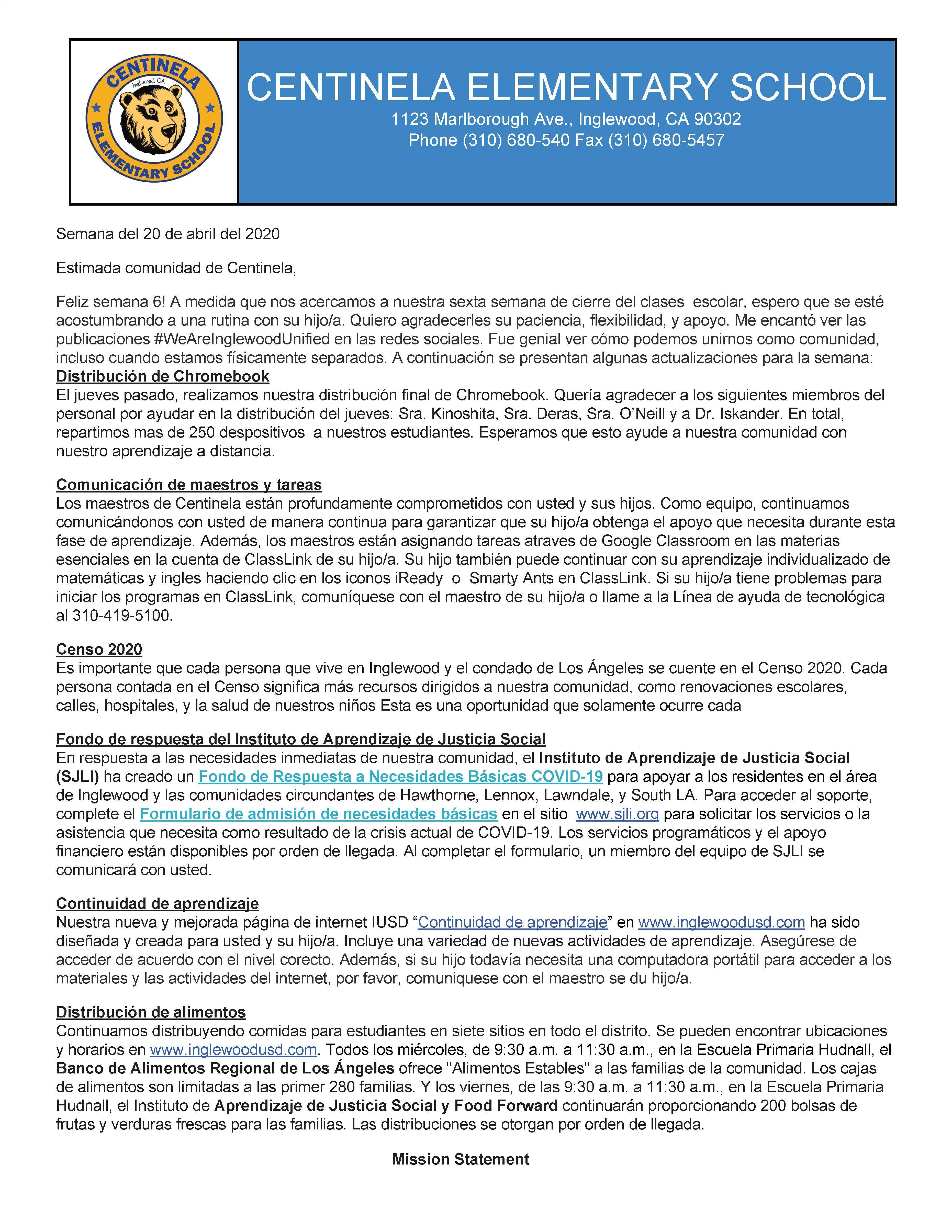 Español- Noticias de Centinela para la semana del 20 al 24 de abril del 2020 | Centinela TK-8 School