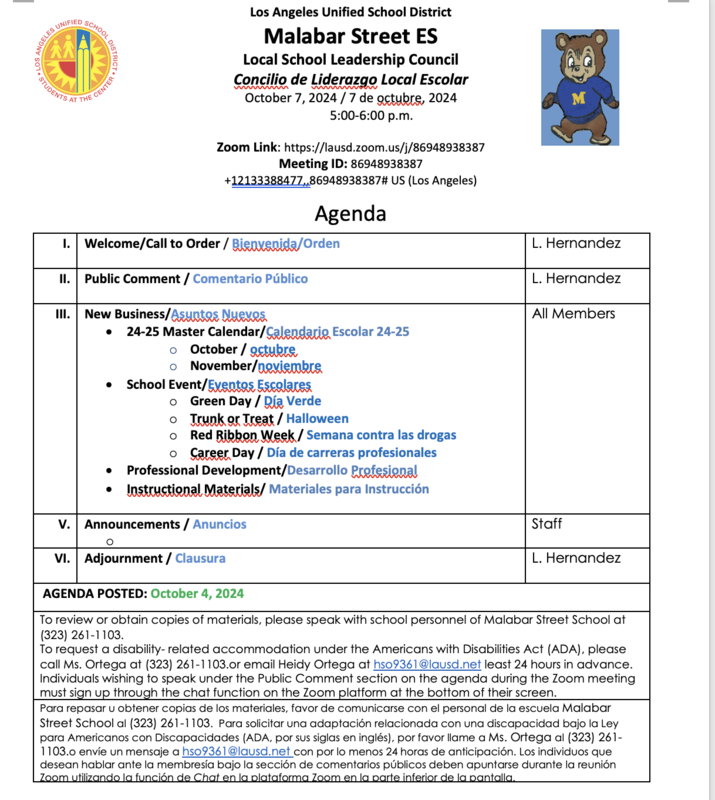 LSLC Agenda | Malabar Street Elementary