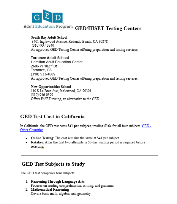 Adult Basic Education/GED/HiSET – Academics – Inglewood Continuation ...