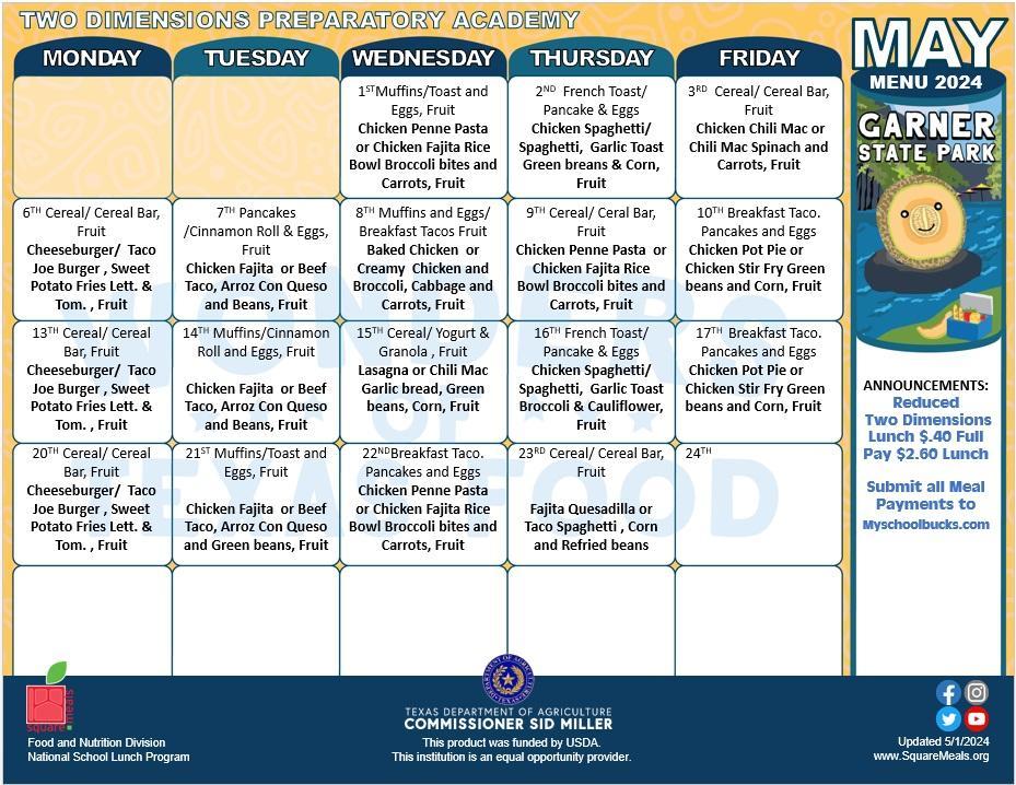 Child Nutrition Menu – Vickery Campus – Two Dimensions Preparatory Academy