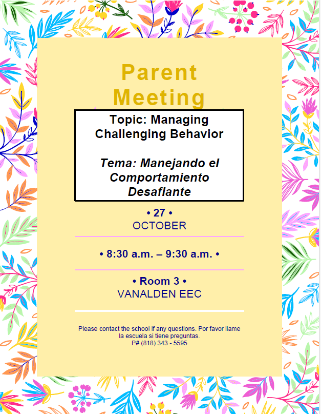 Parent Meetings – Celebrations – Vanalden Early Education Center