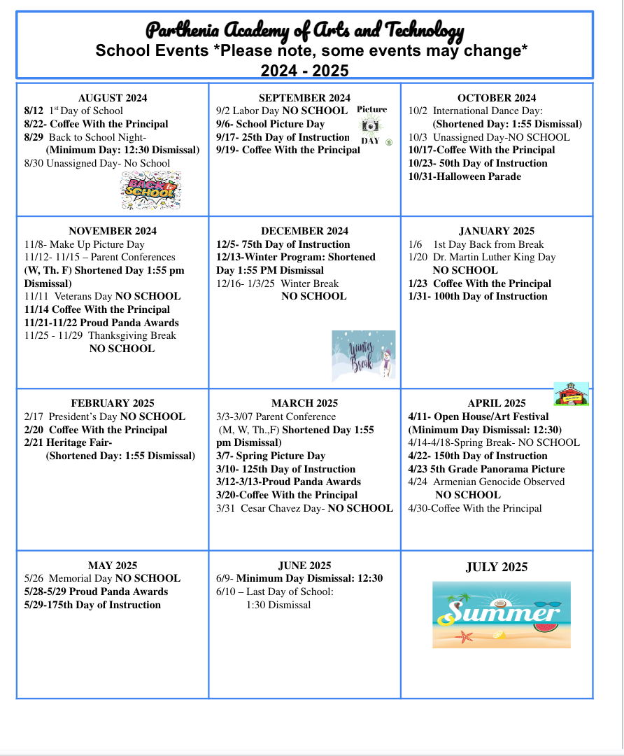 School Calendar of Events 2024-2025 – School Events – Parthenia Academy ...
