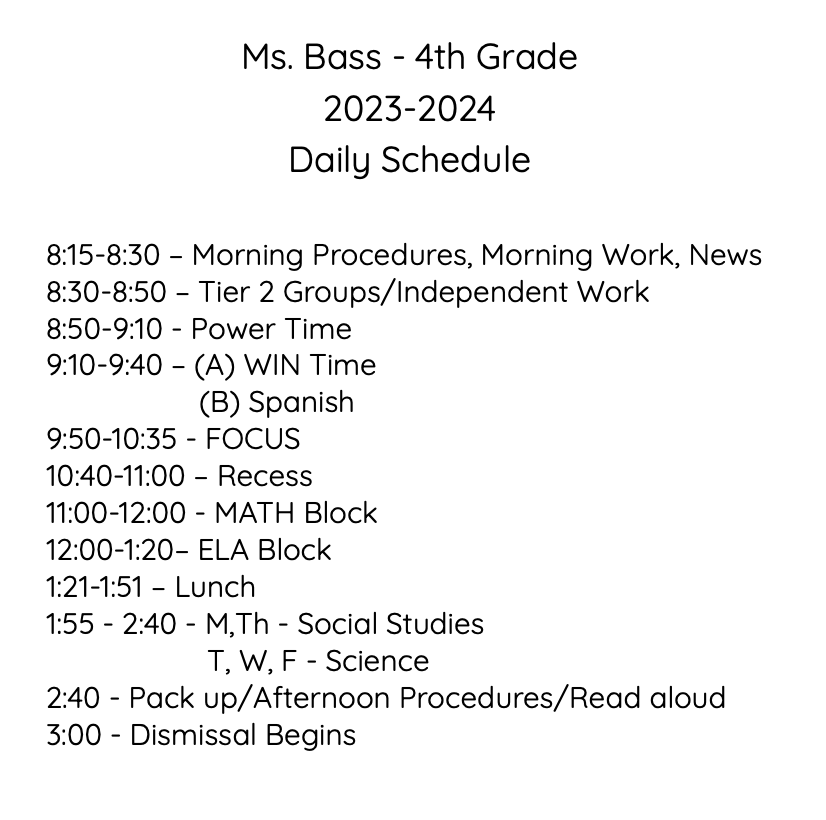 Schedule – Jill Bass – Rowlett Elementary Academy