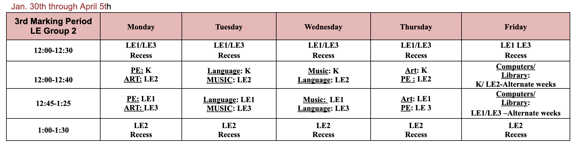 Specials Schedules (By Marking Period) – LE1 - Ms. Curcuru – Bucks ...