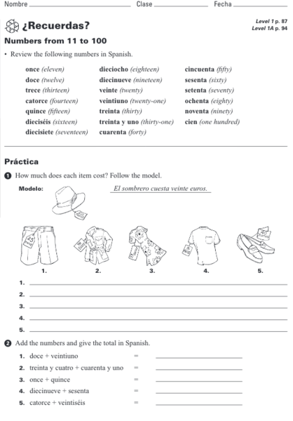 Level 1 Spanish Worksheets
