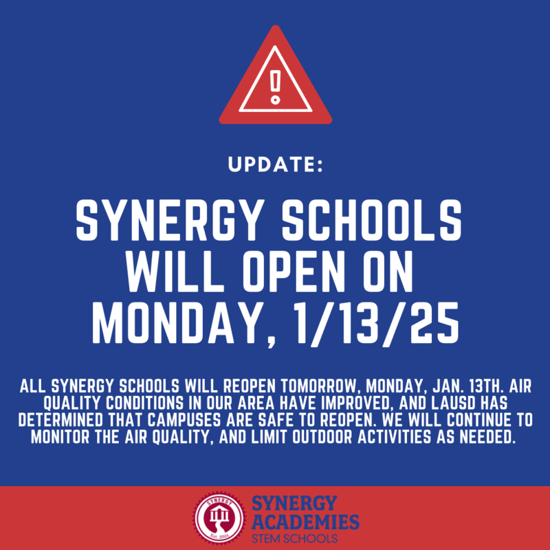 Synergy Schools to REOPEN on Monday, 1/13/25 | Synergy Academies
