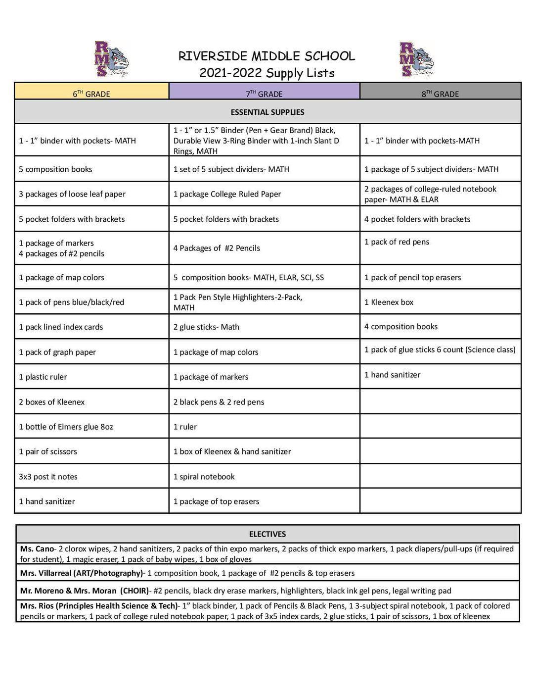 School Supply List For Students Riverside Middle School