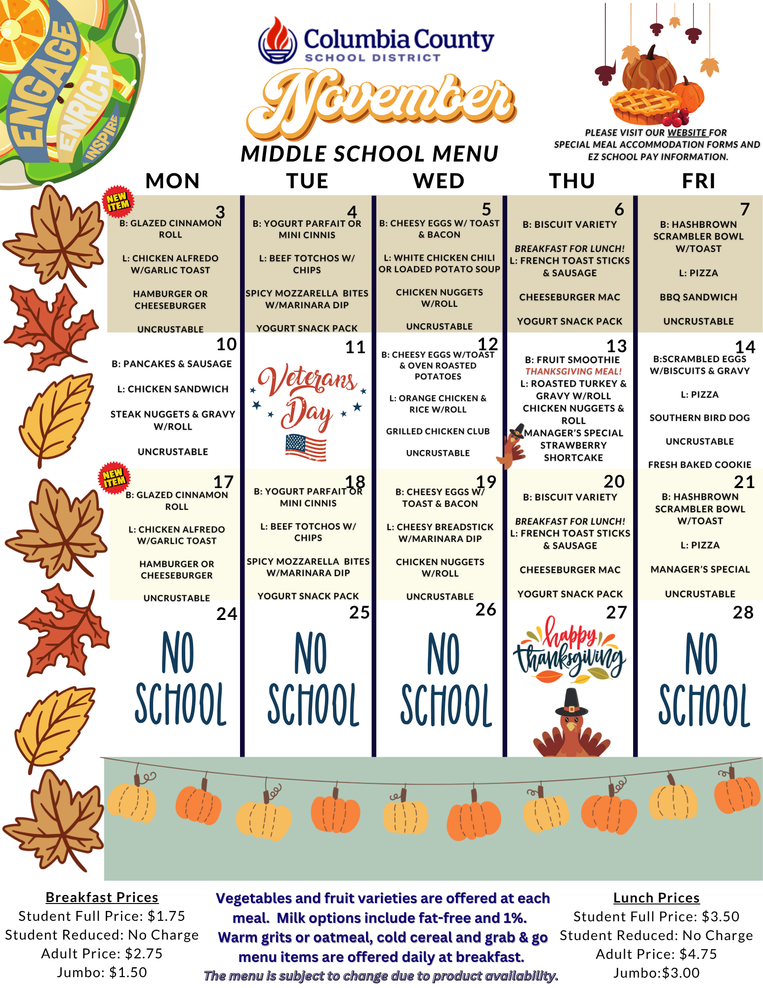 Menus – School Nutrition – Columbia County Schools