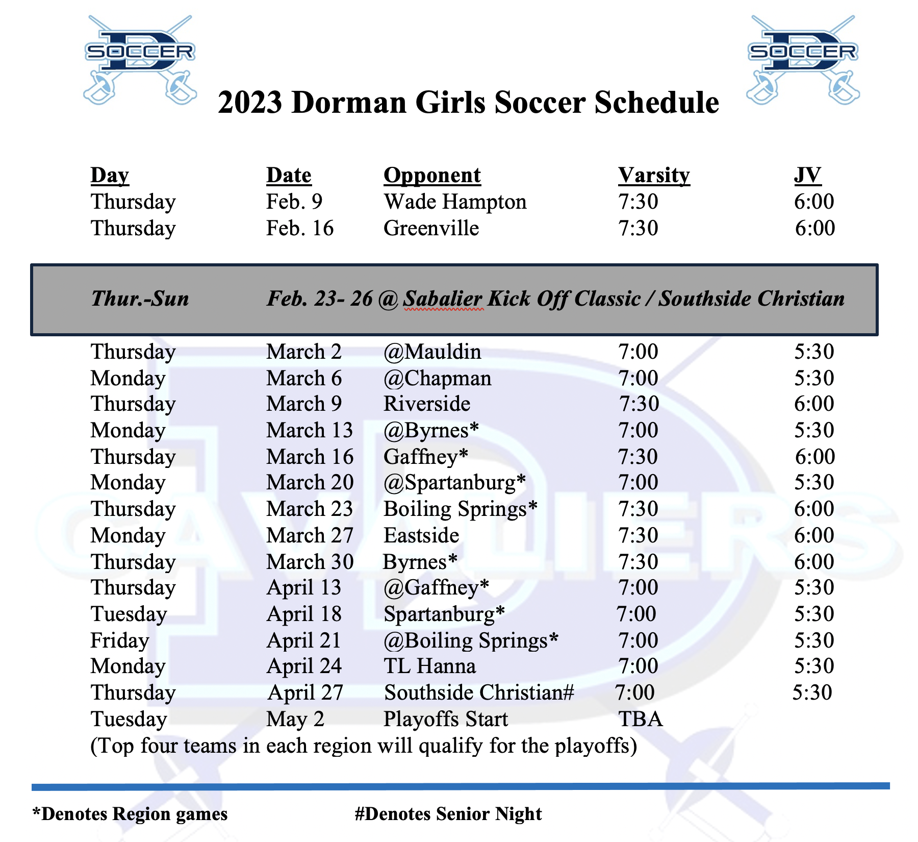 Schedule – Girls Soccer – District Six Athletics
