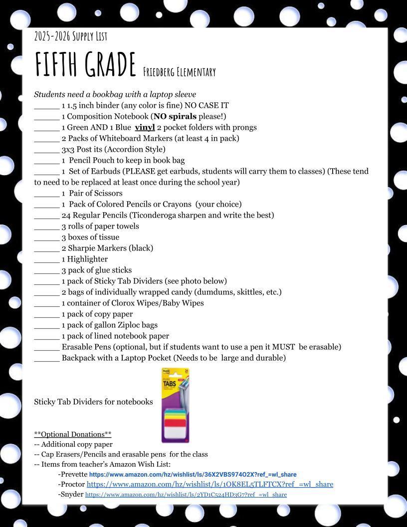 Supply List – Fifth Grade – Friedberg Elementary School