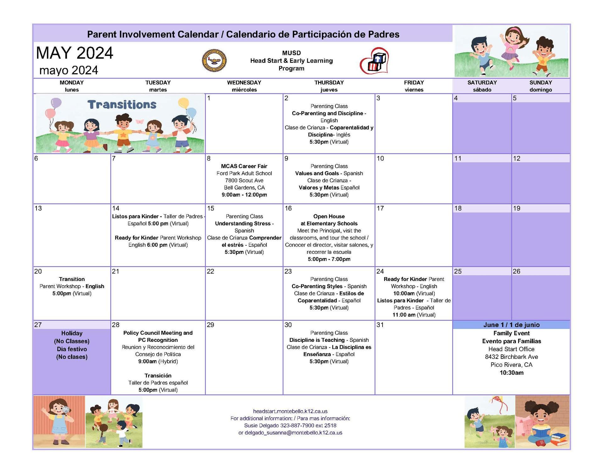 Parent Participation Calendar and Parent Events – Parents – Head Start ...