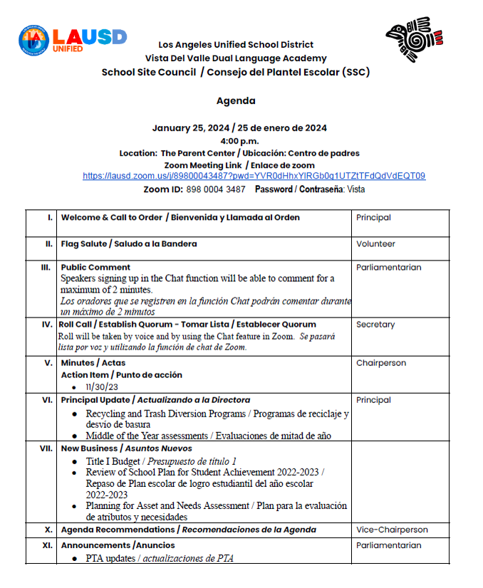 School Site Council / Concilio Escolar – PARENTS – Vista del Valle Dual ...