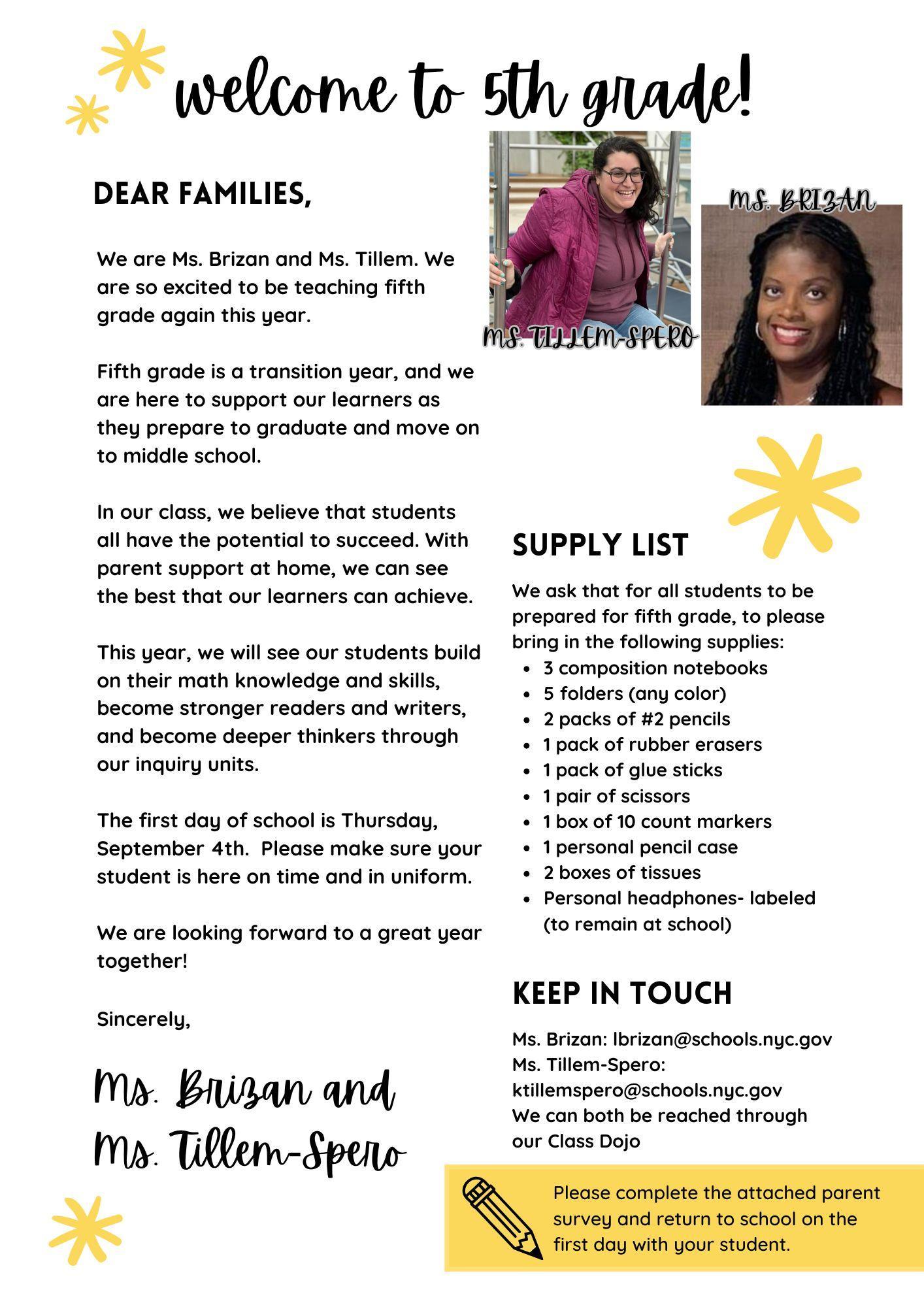 Welcome Letter – Fifth Grade – P.S 287 Dr. Bailey K. Ashford School
