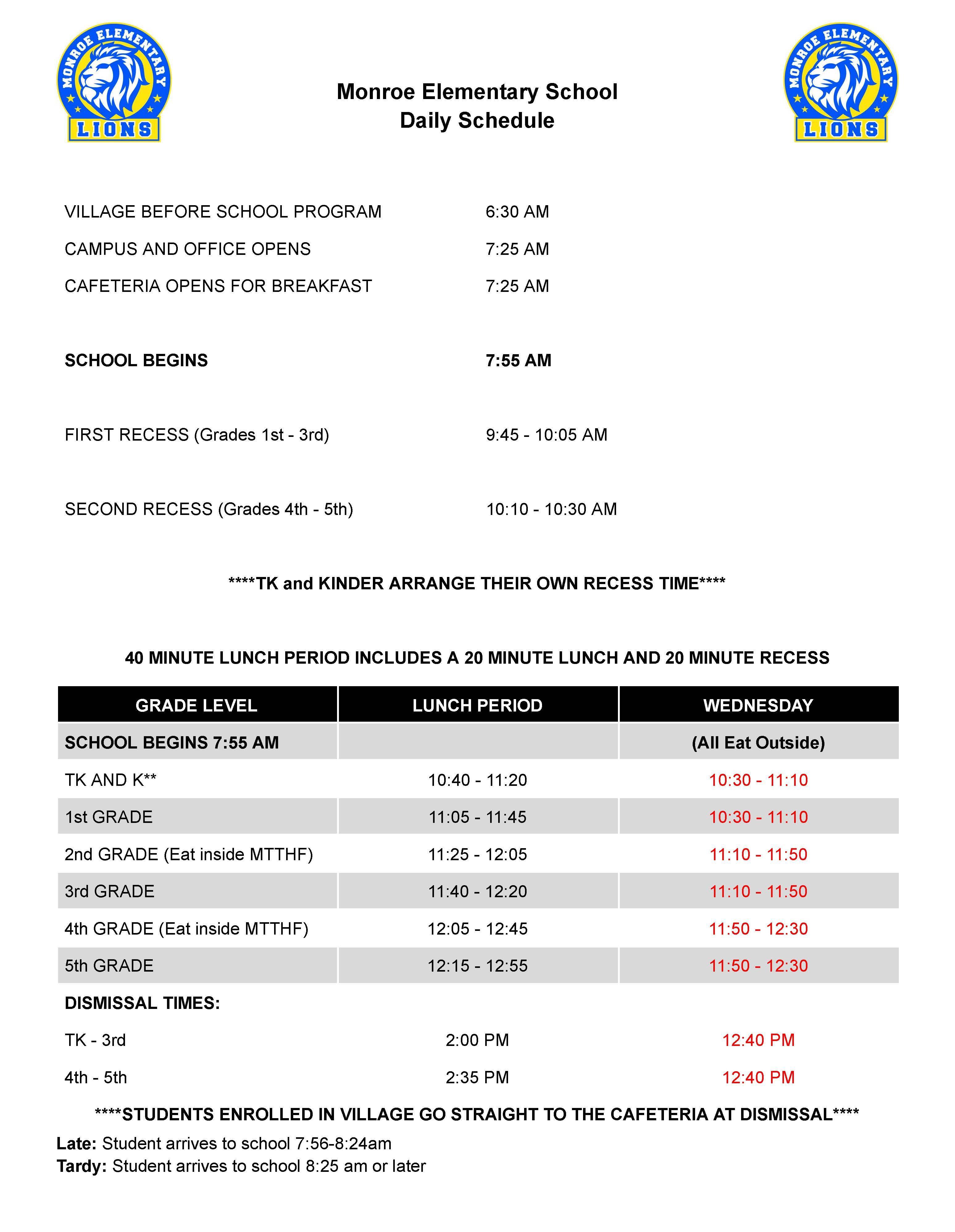 Daily Schedule – About Us – Monroe Elementary School