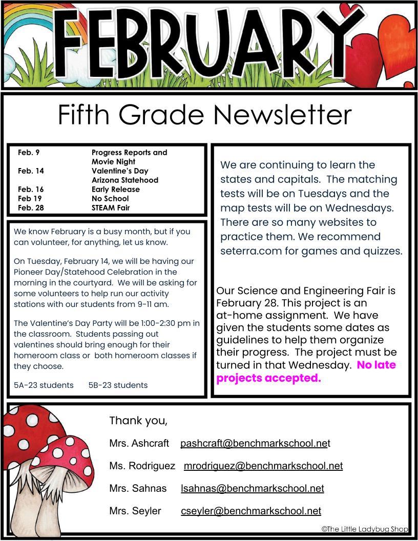 Newsletters – 5th Grade – Benchmark School
