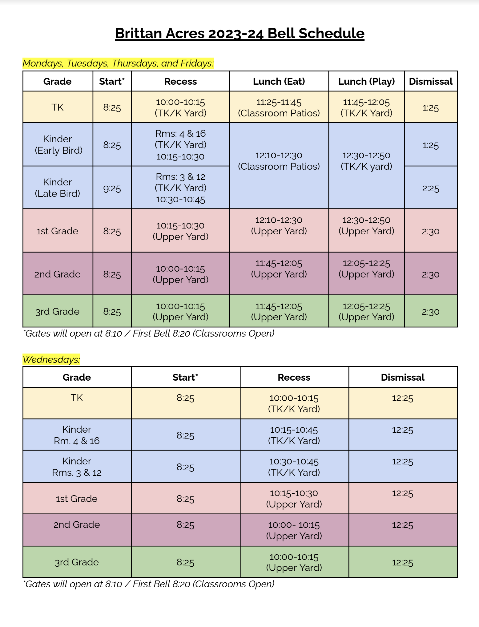 Bell Schedule - Calendar - Brittan Acres Elementary