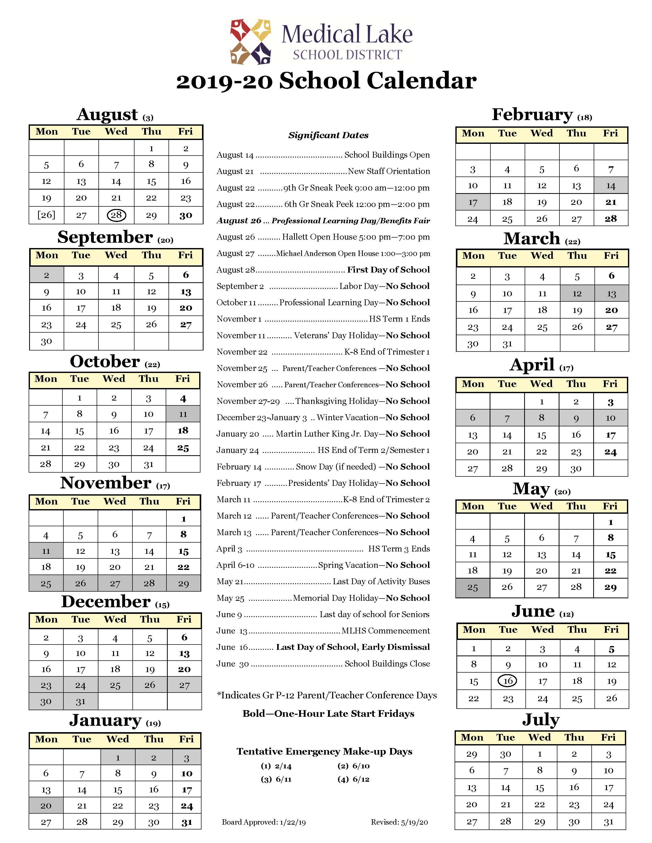 2019-20 School Year Calendar – Student / Parent Resources – Medical ...