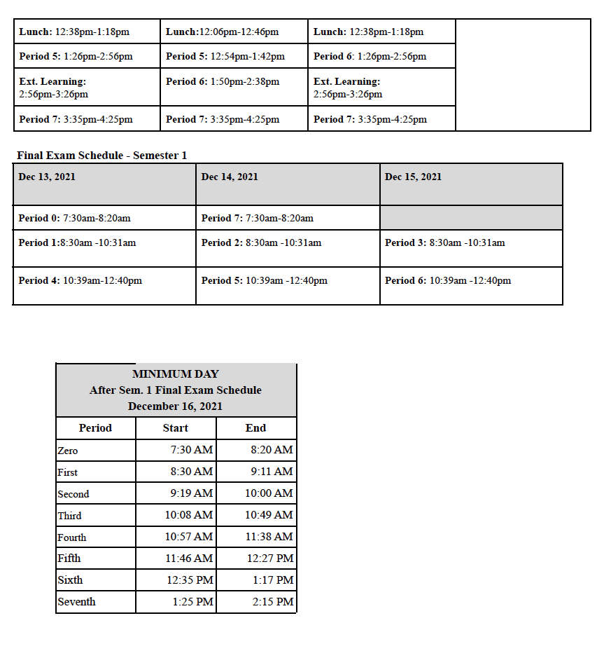 21 22 Bell Schedule For SGHS Schedules San Gabriel High School