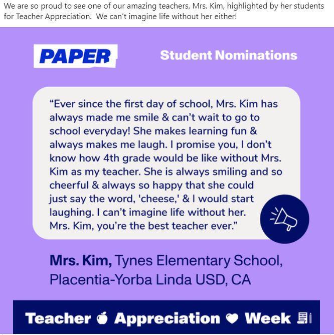 Congratulations Mrs. Kim! | John O. Tynes Elementary School