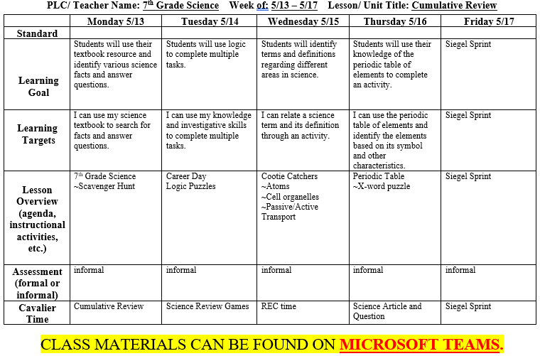 7C Science – Julie Melton – Siegel Middle School
