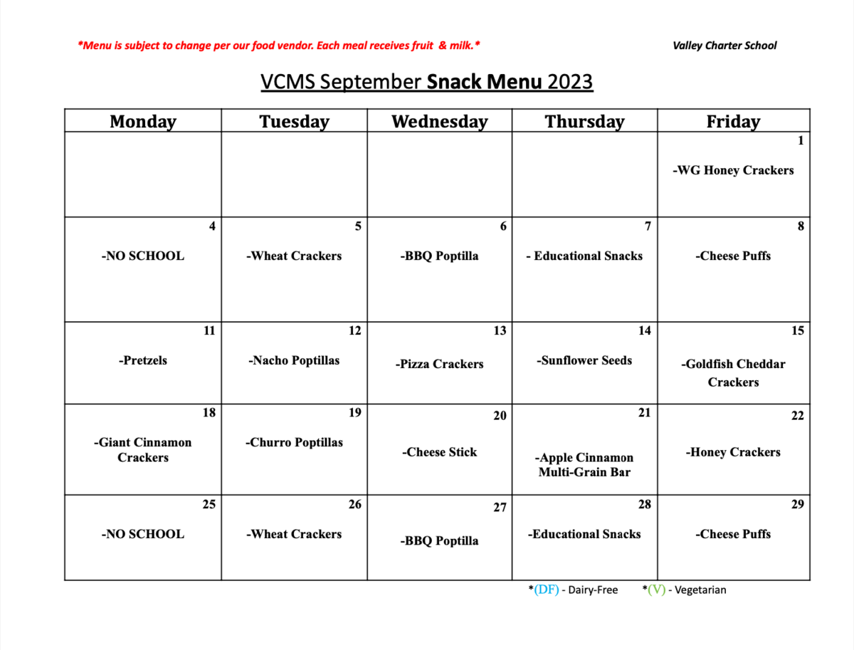 VCMS Breakfast, snack and lunch menu - School Lunch - Valley Charter ...