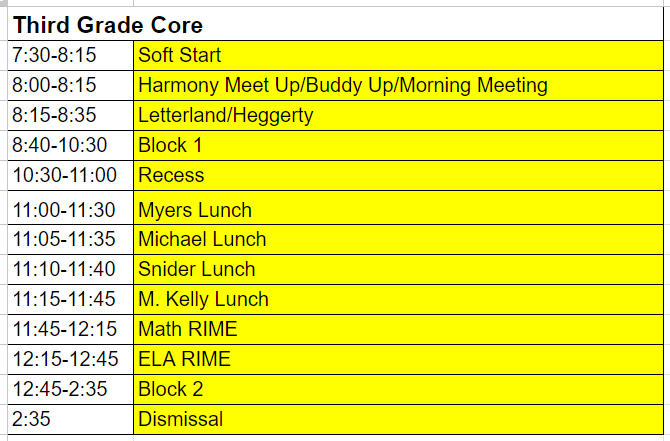 3rd Grade Schedules – Third Grade – Churchland Elementary School