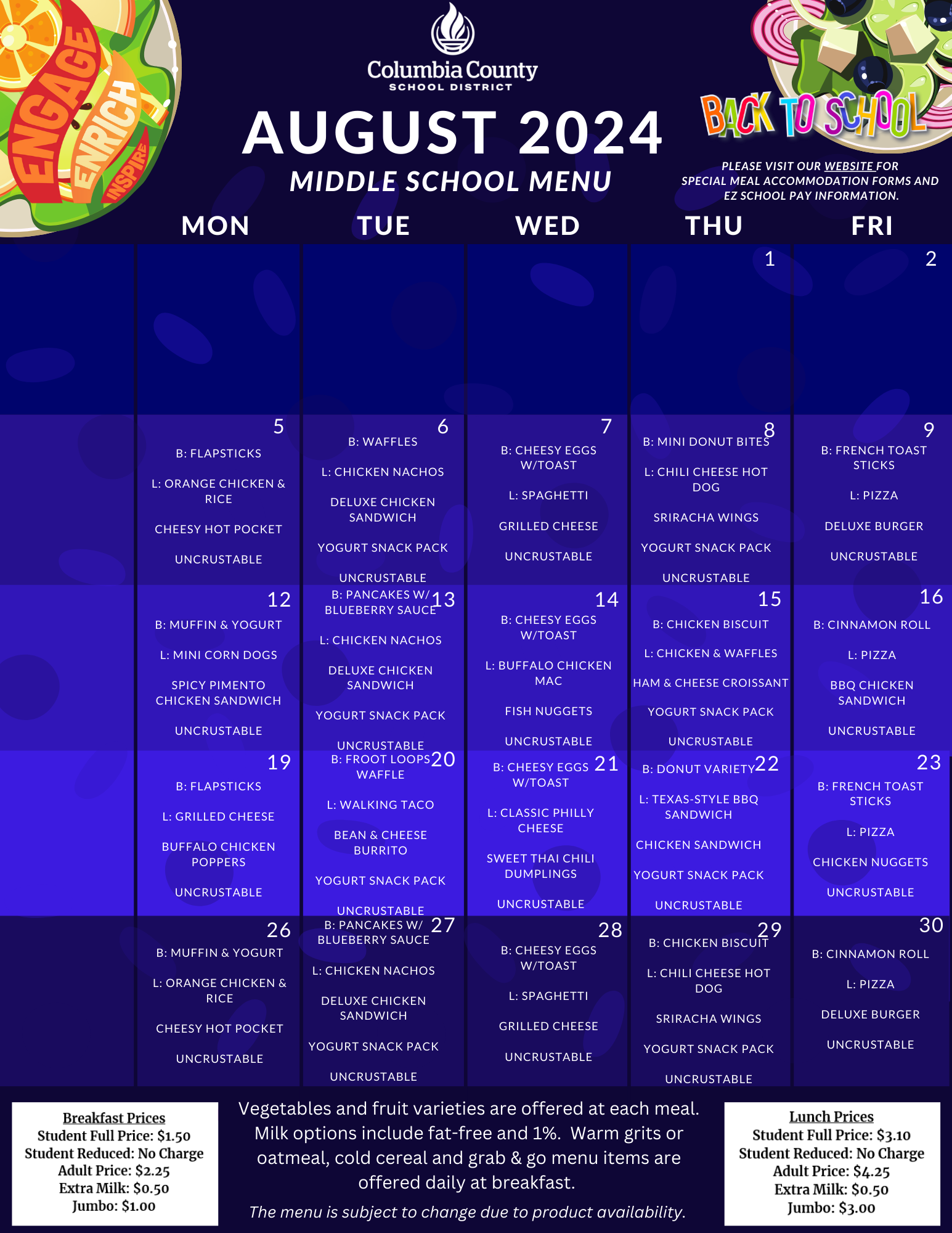 Menus – School Nutrition – Columbia County Schools