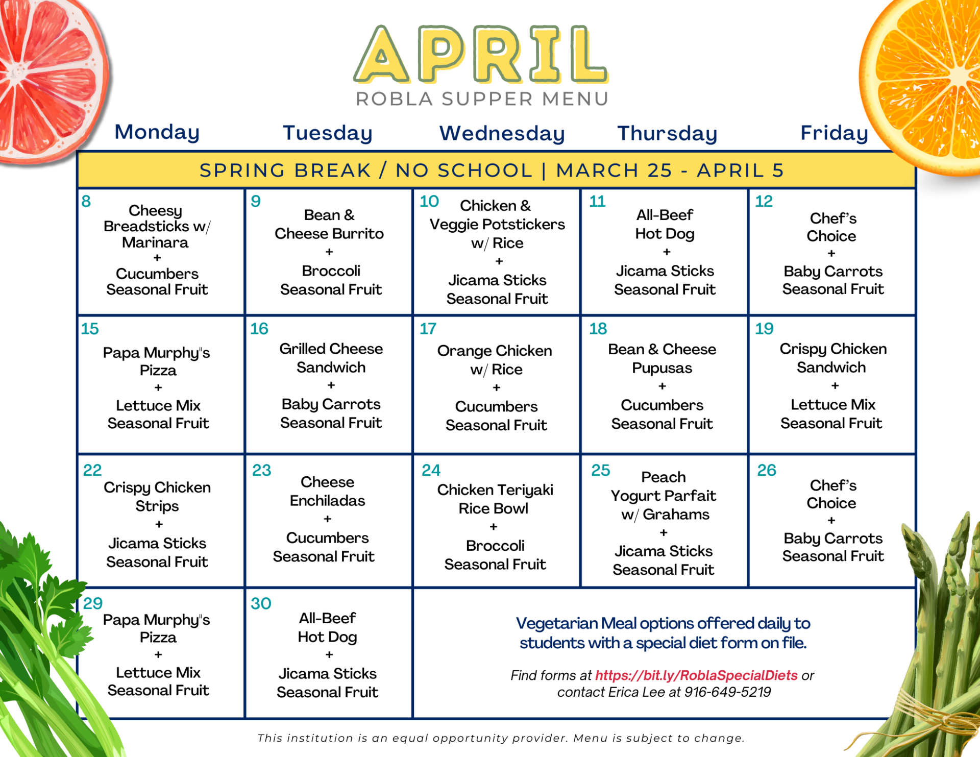 Breakfast, Lunch & Supper Menus - Food & Nutrition Services - Robla ...