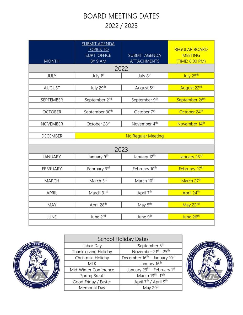 Meeting Schedule - Board & Committees - West Orange-Cove Consolidated ...