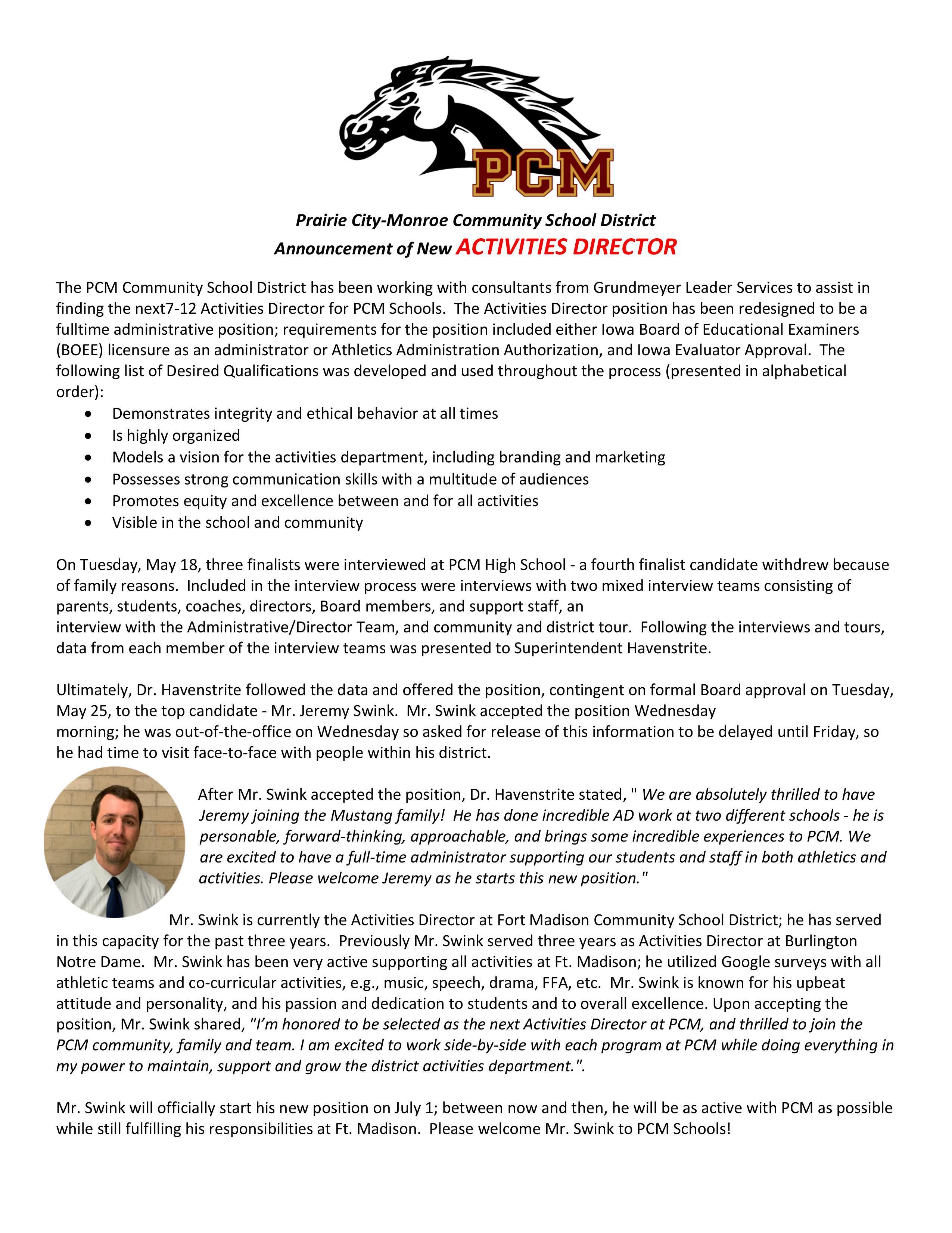 Announcement of new Activities Director | Prairie City Monroe Community ...