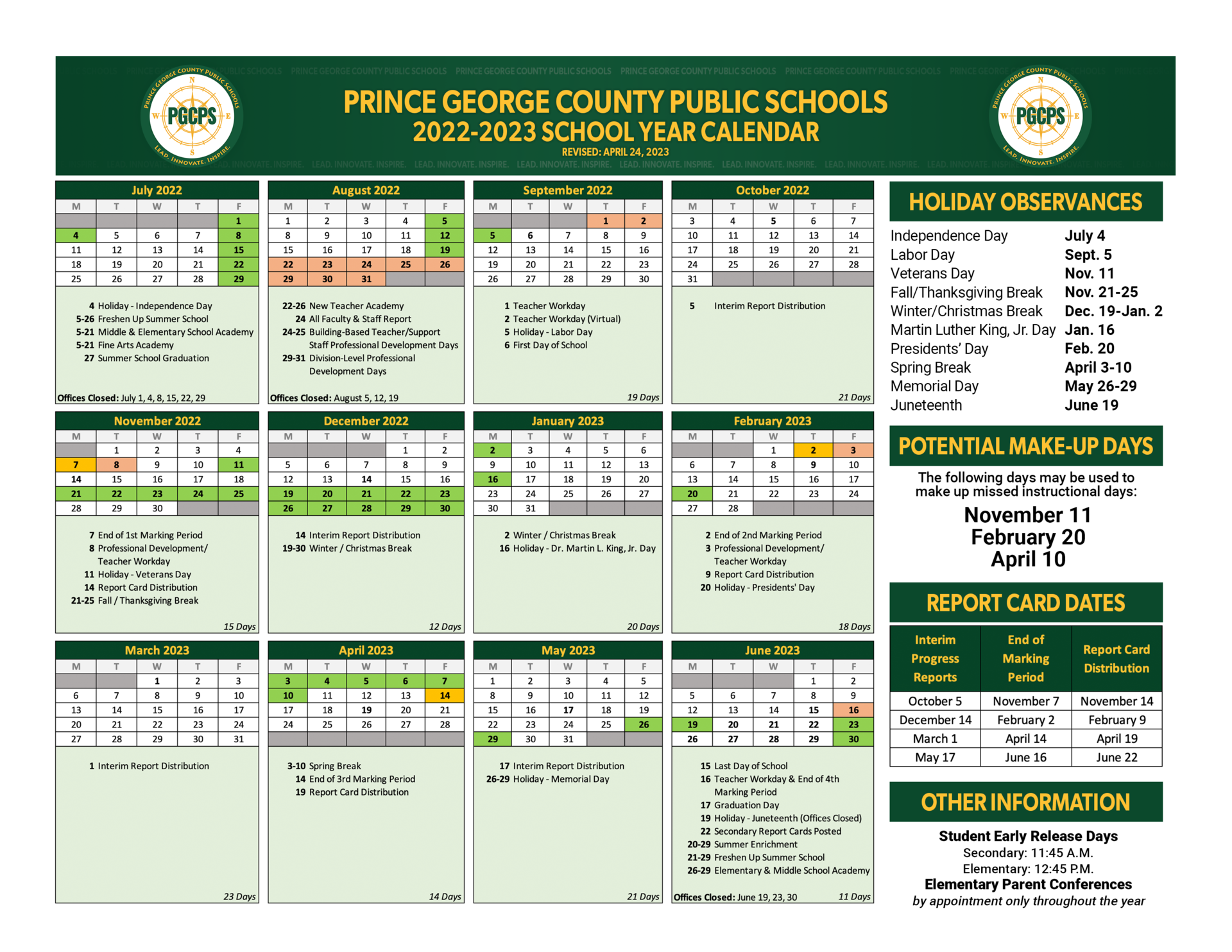 2022-23 School Year Calendar - Prince George County Public Schools
