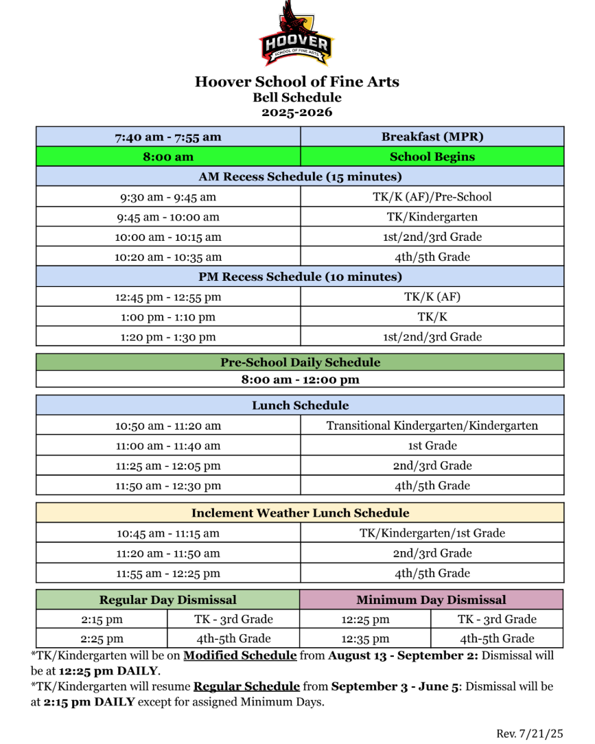Office Hours / Bell Schedule – Parents – Lou Henry Hoover School of ...