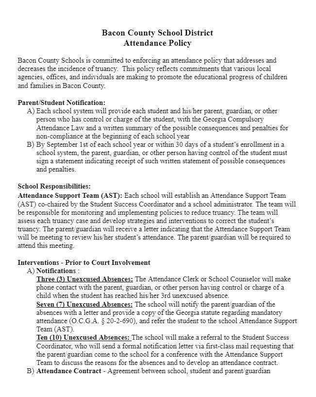 Attendance Policy – Student Services – Bacon County School District