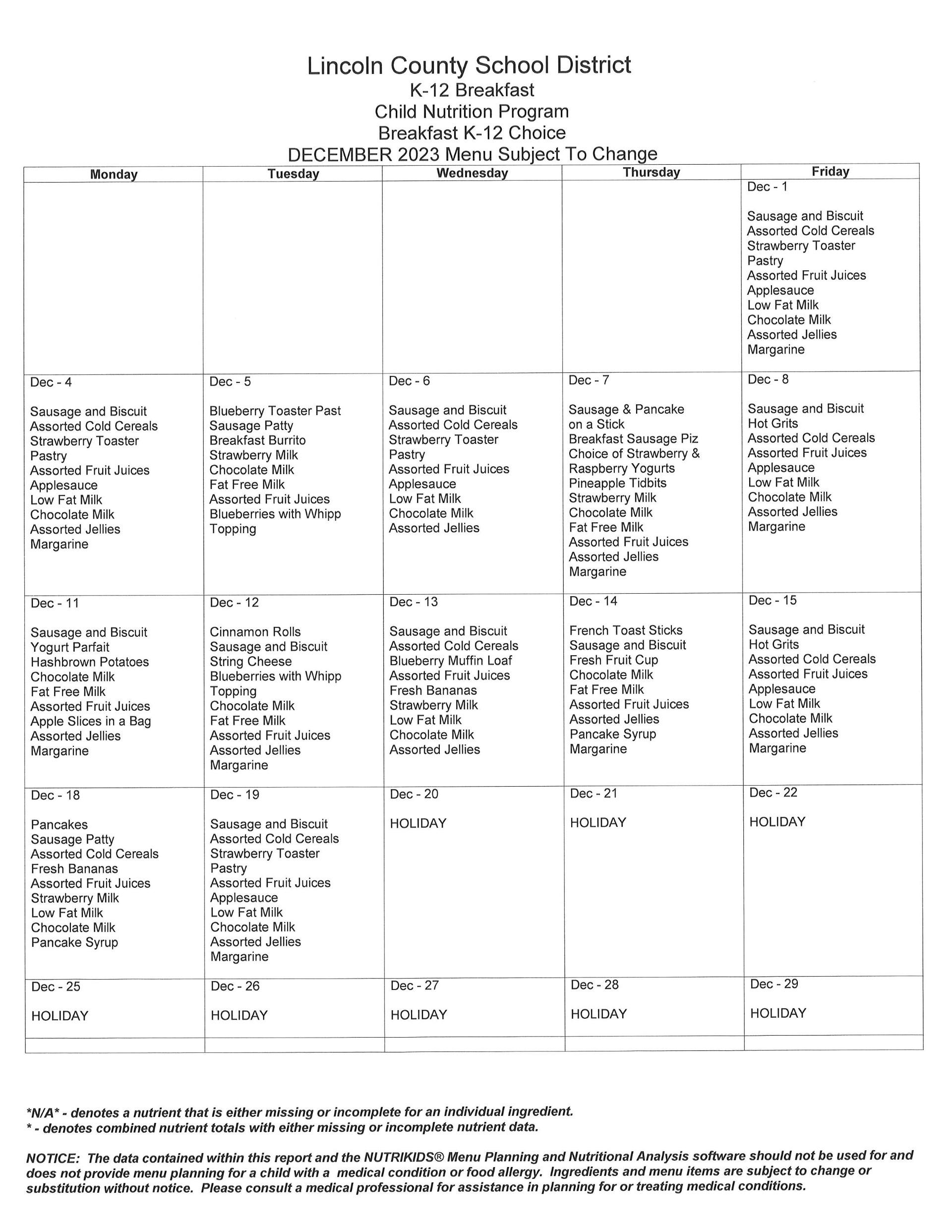Breakfast & Lunch Menus – Child Nutrition Program – Lincoln County ...
