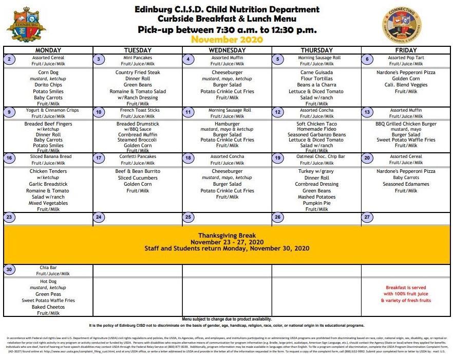 November Breakfast/Lunch Menu – Parents – Travis Elementary
