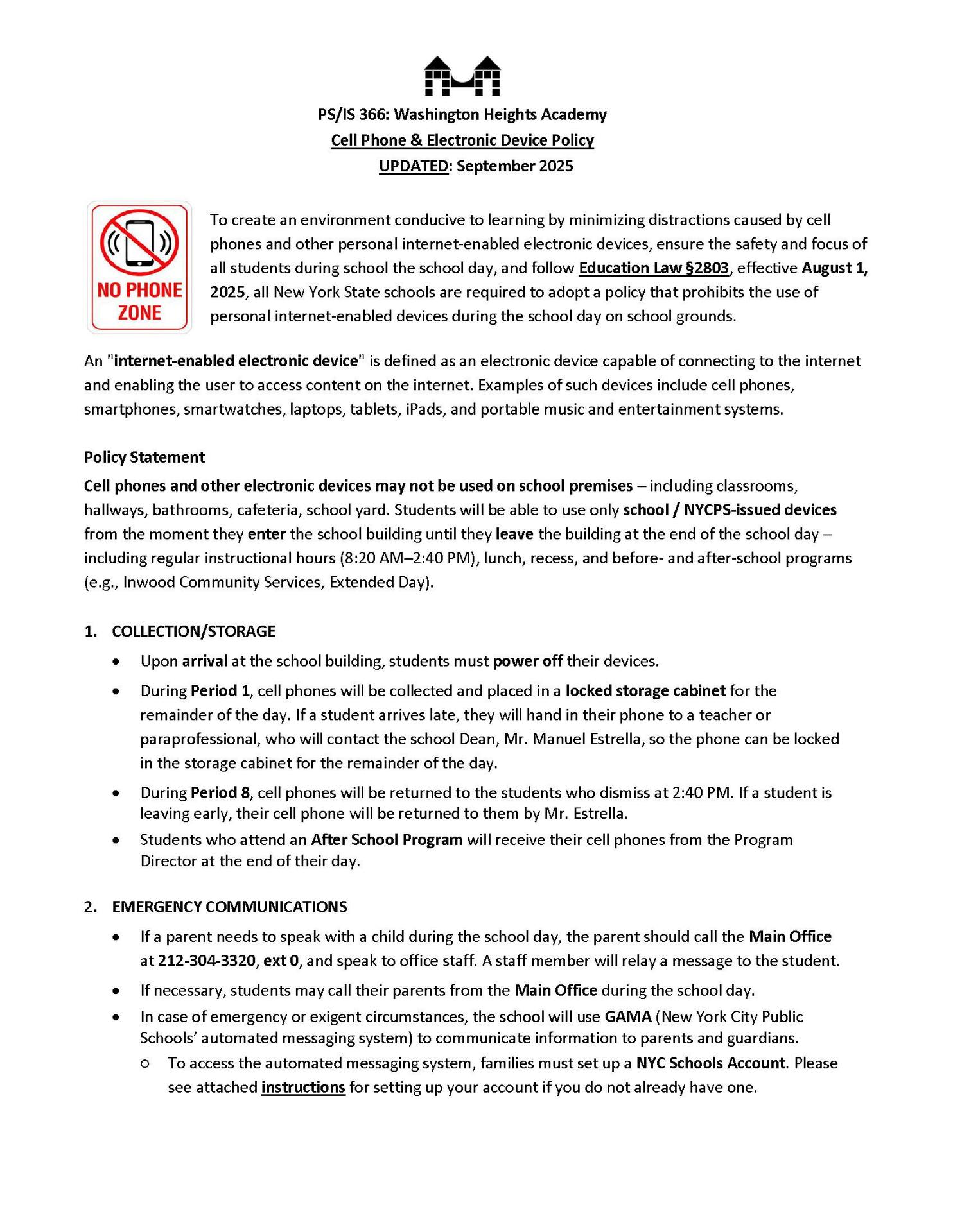 Cell Phone Policy – Communications – PS/IS 366: Washington Heights Academy