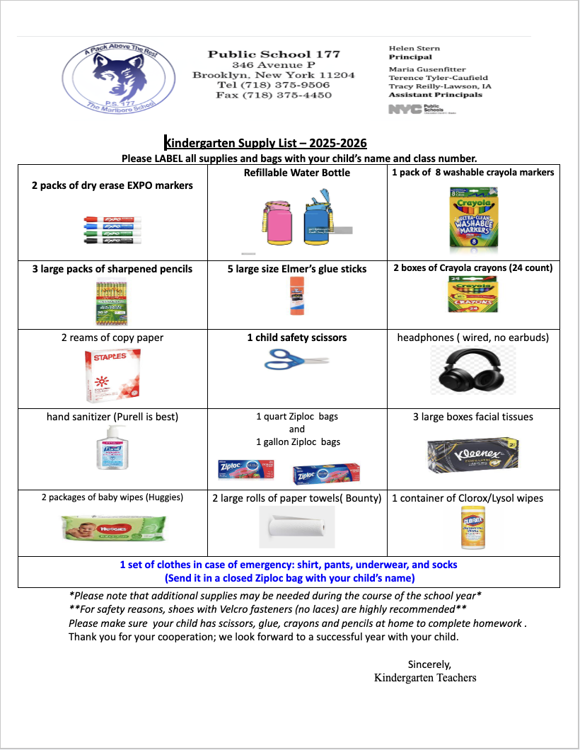 Supply Lists – Family Resources – P.S. 177K The Marlboro School