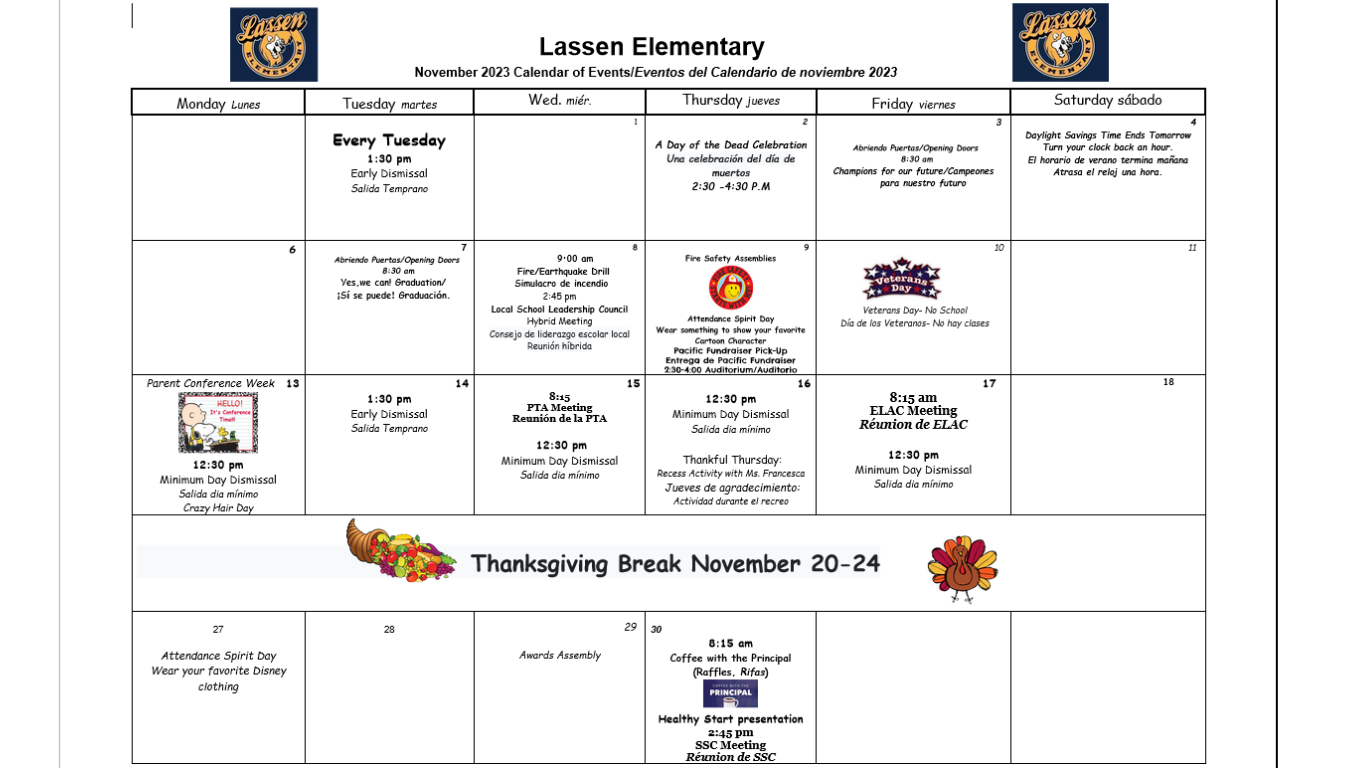 Monthly Calendar – School Events – Lassen Elementary
