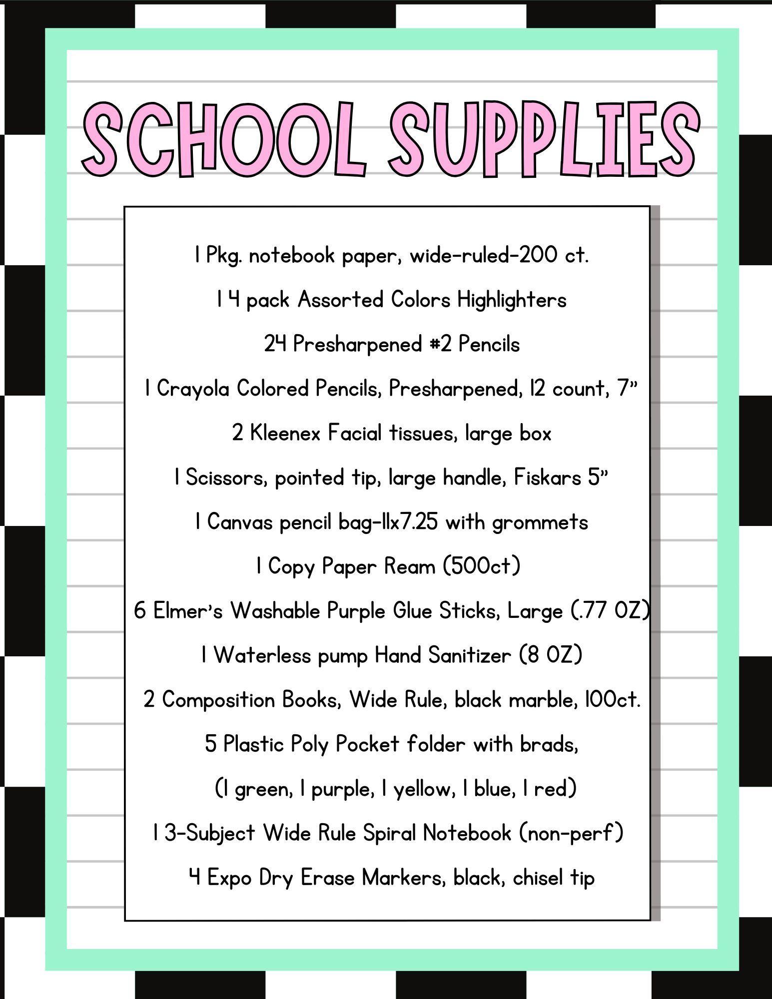 5th Grade Supplies List – Summer Tsafantakis – Fairmont Elementary
