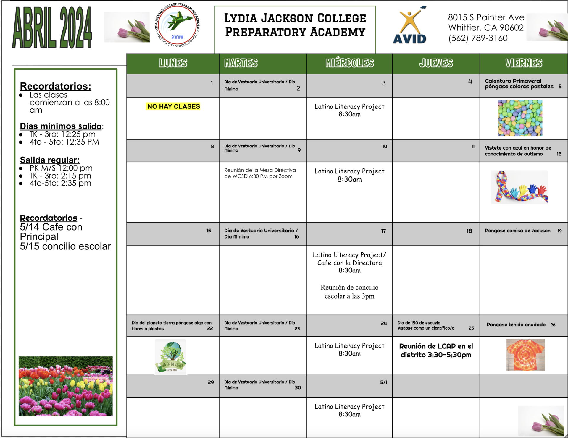 Monthly Calendar – Students – Lydia Jackson Elementary School